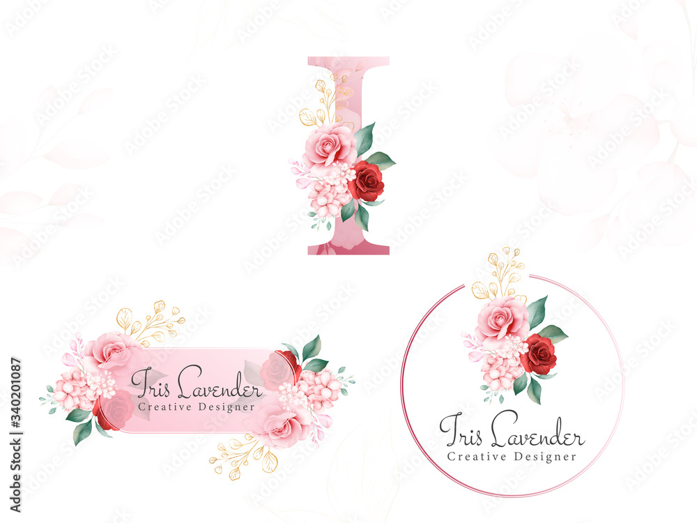 Watercolor gold floral logo set for initial I of soft flowers, leaves ...