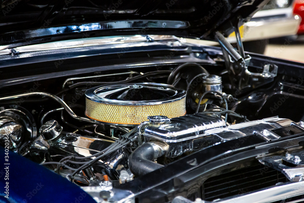 Under the Hood View of Restored Vintage Automobile Engine with Show ...