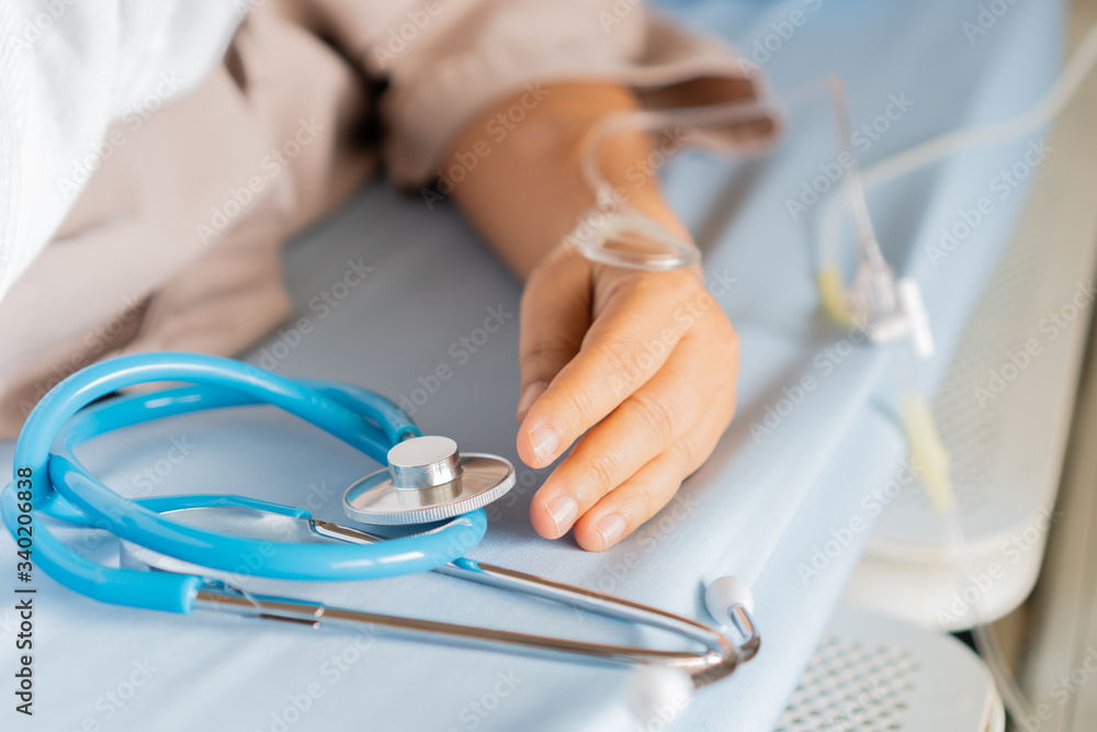 Stethoscope with Patients woman Sleep with hands medical drip ...