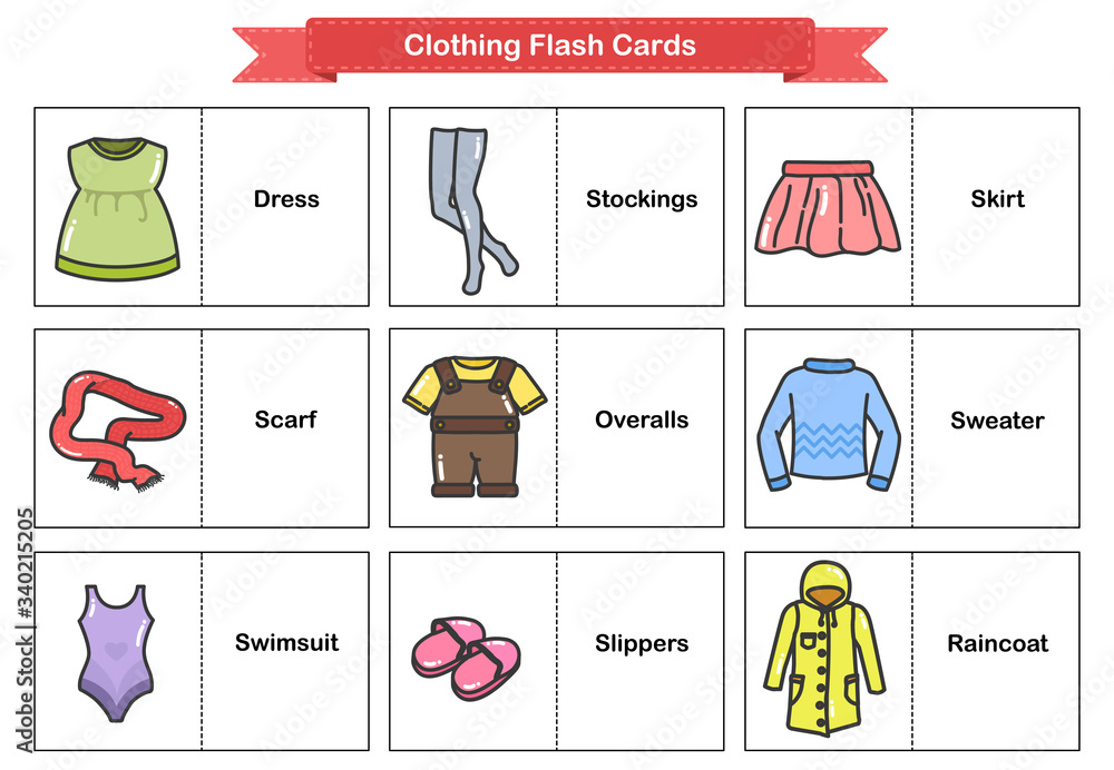 Clothing Flash Cards - Woman and man clothes and accessories collection ...