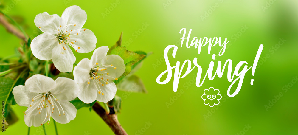 Happy Spring greeting card with blooming white cherry tree. Spring ...