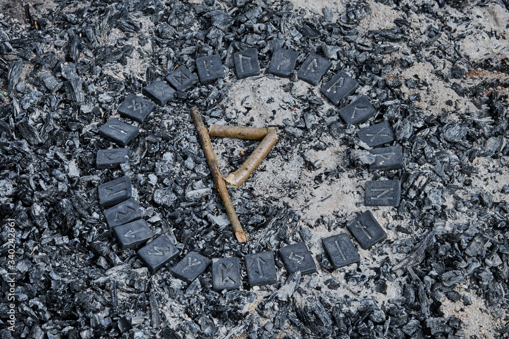 Norse rune Thurisaz on ashes backgorund inside the circle of 24 Norse ...