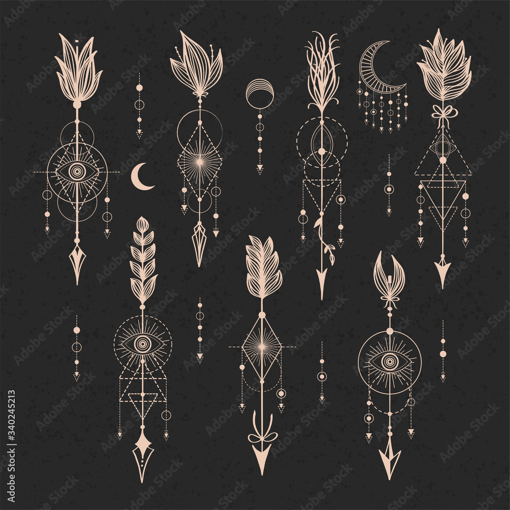 Vector set of Sacred geometric symbols with moon, eye, arrows ...