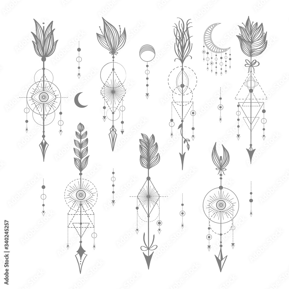 Vector set of Sacred geometric symbols with moon, eye, arrows ...