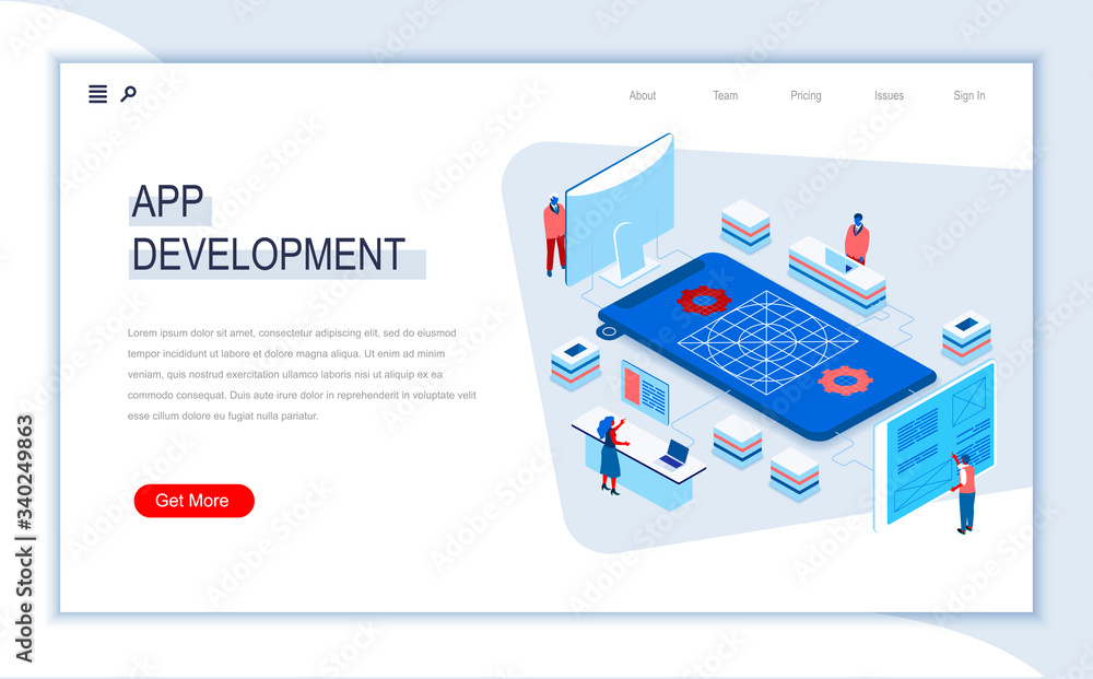 Vecteur Stock App Development Isometric Landing Page Ui Ux Usability Design Application