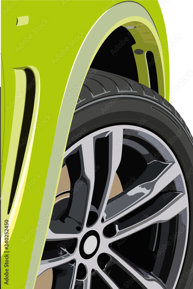 Close-up wheel in a car body. Tyre car advertisement poster. Digital ...