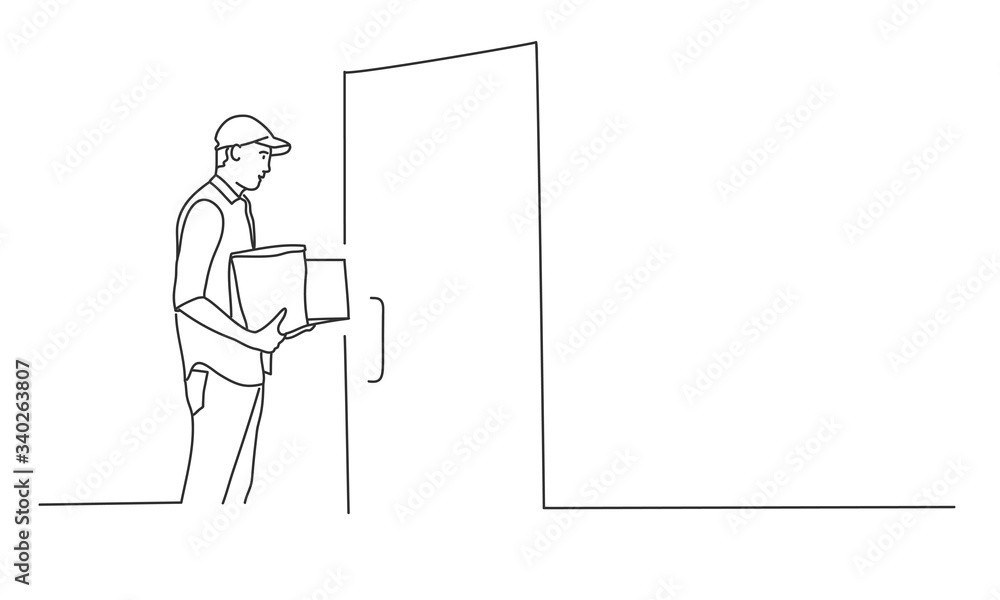 Delivery man at door with a box, paper bag. Line drawing vector ...