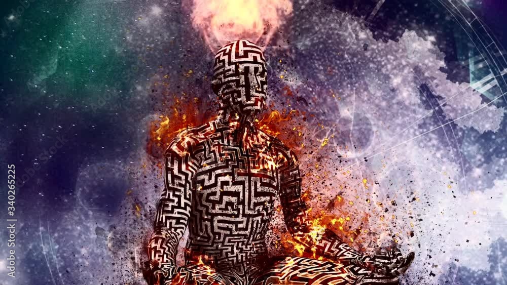 Burning figure of man with maze pattern in lotus pose Stock Video ...