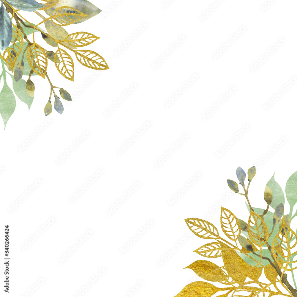 Hand drawn watercolor green and gold leaf frame / border. Perfect for ...