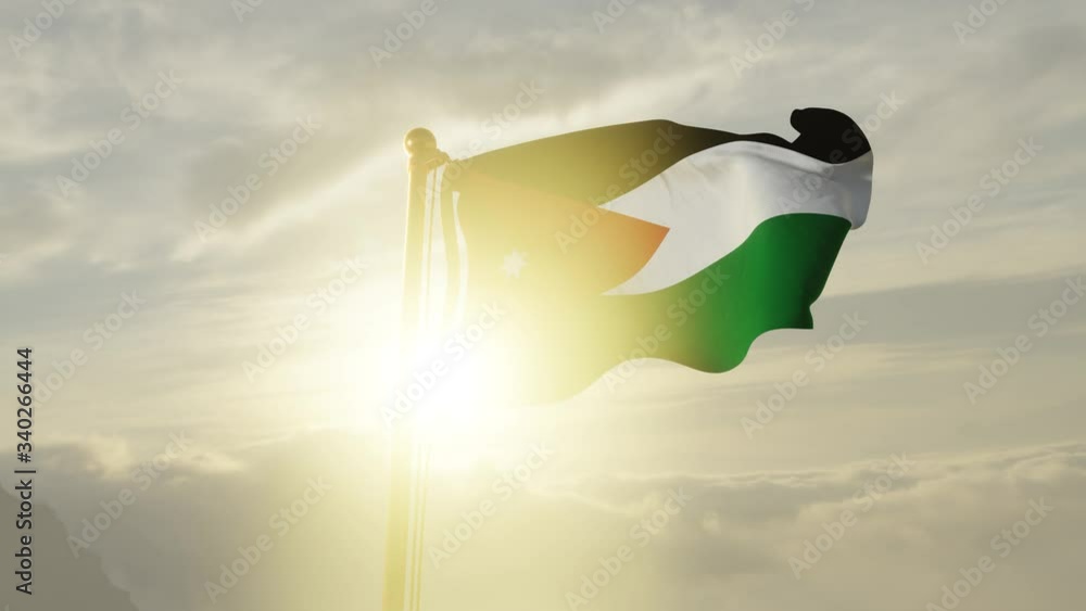 Flag of Jordan Waving in the wind, Sky and Sun Background, Slow Motion ...