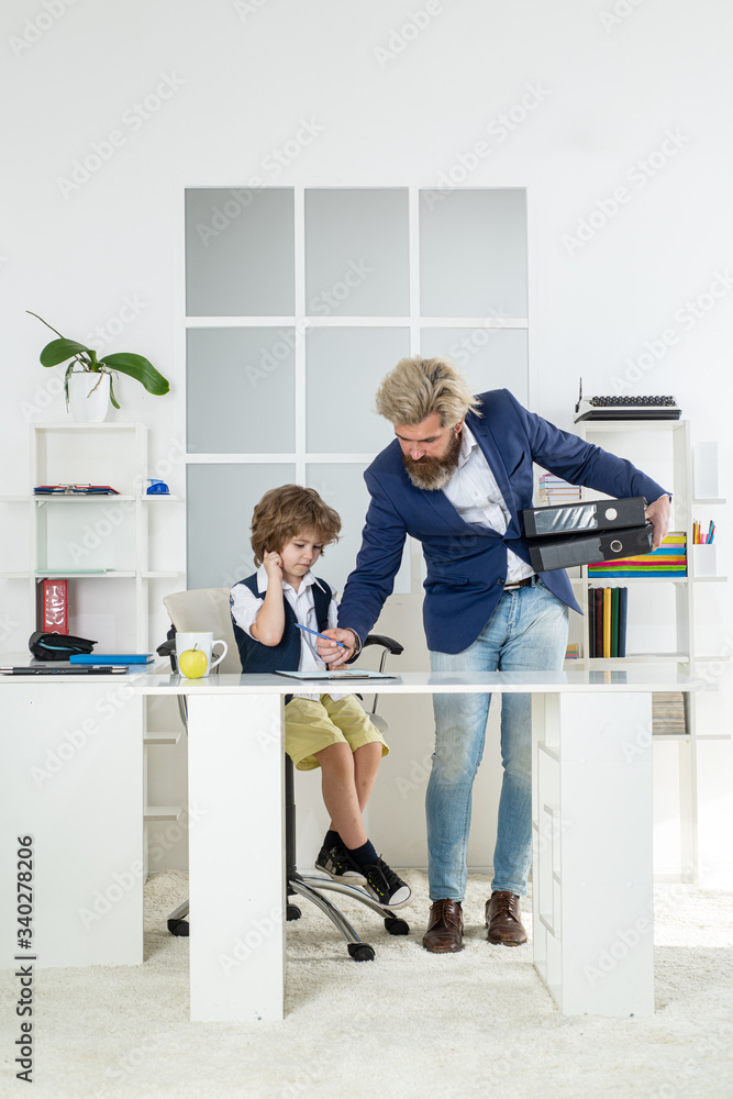 Office workers. Family business. Little boy dreaming about businessman ...