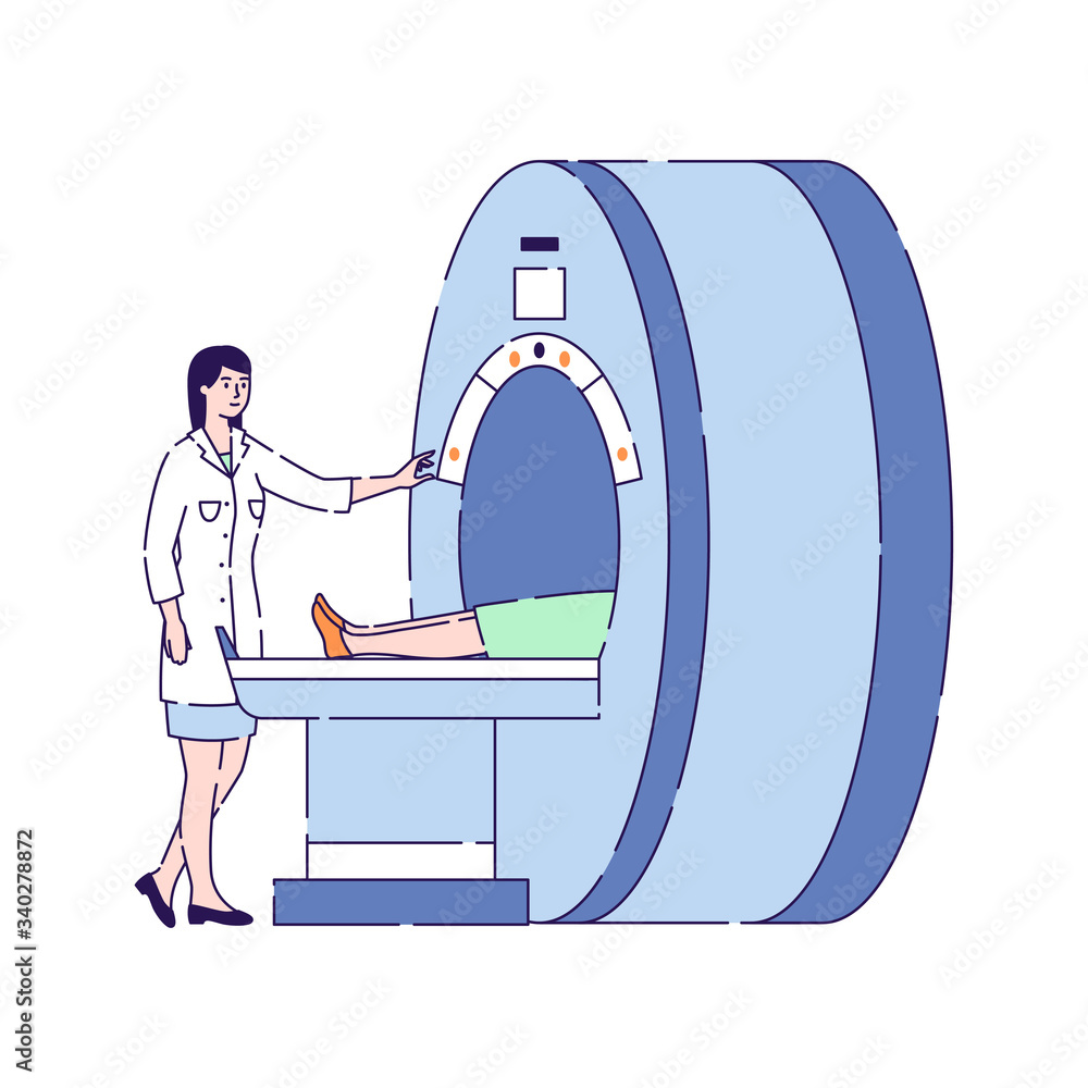 Doctor woman diagnoses woman patient vector illustration. MRI machine ...