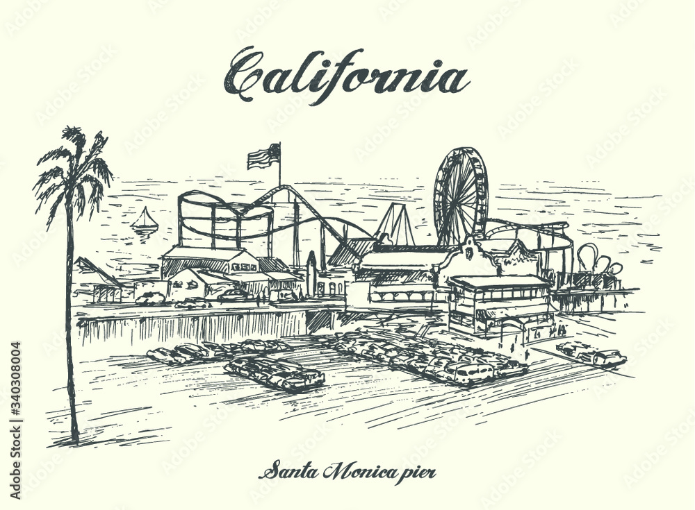 California Santa Monica pier hand drawn vector illustration. Stock ...