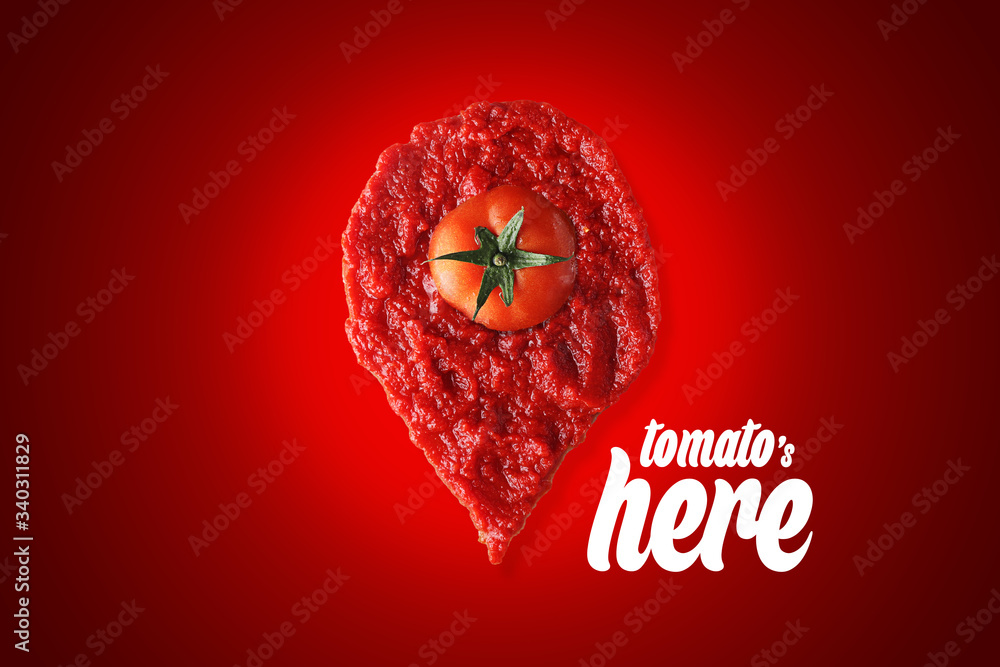 tomato is here, location icon created from tomato sauce Stock Photo ...
