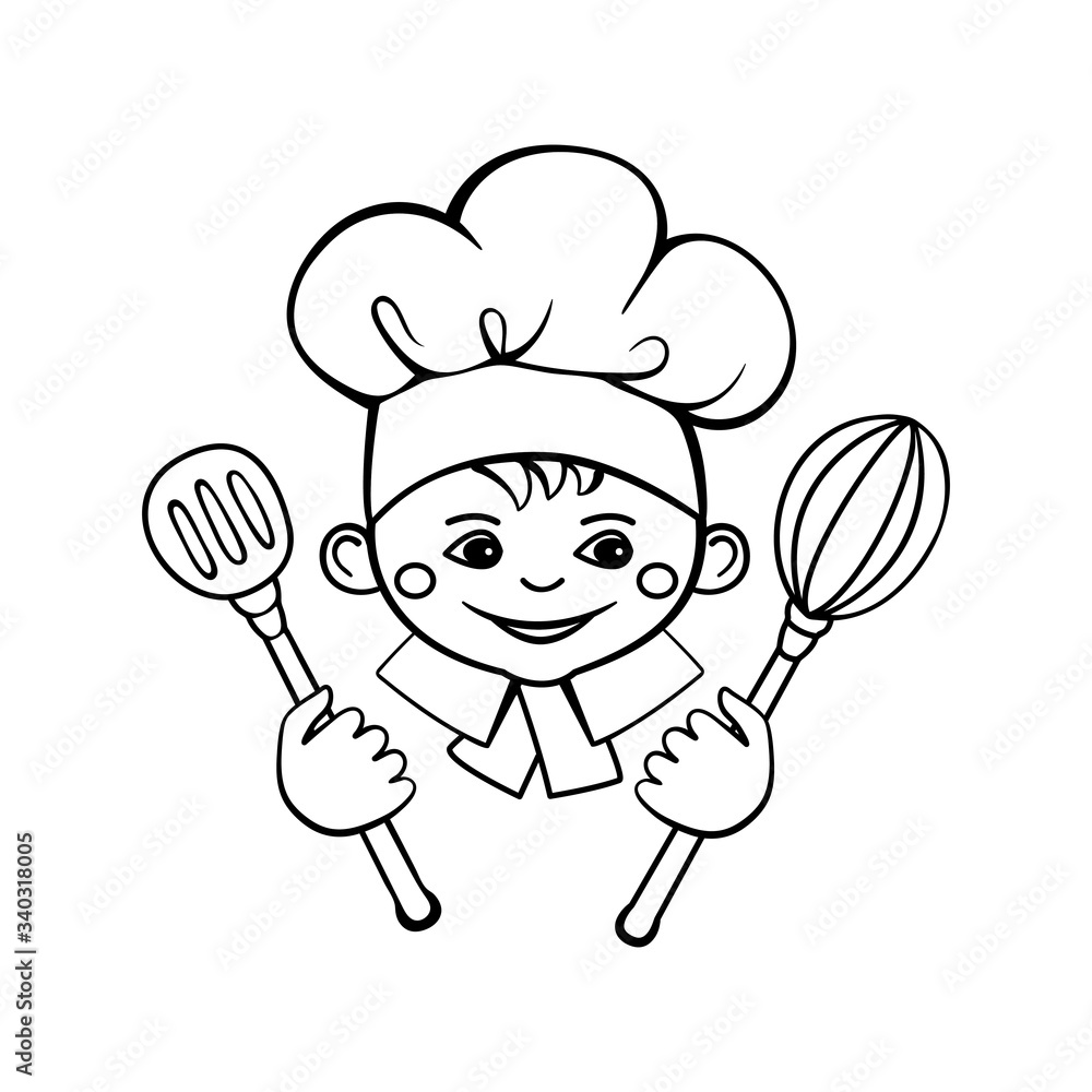 Smiling cute face of a little cook. Hand drawn vector drawing in ...