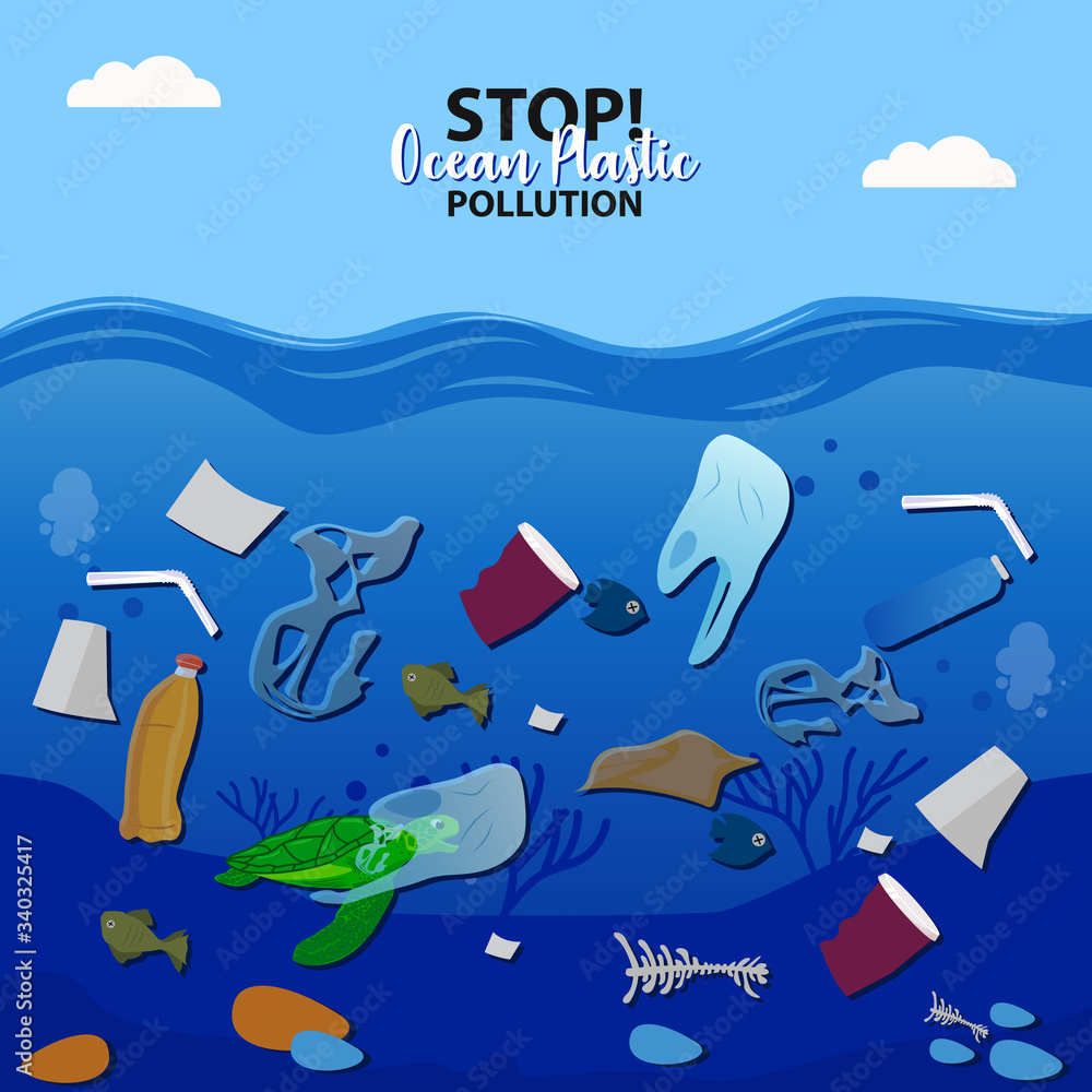 Ocean pollution with plastic waste - Vector illustration Stock Vector ...