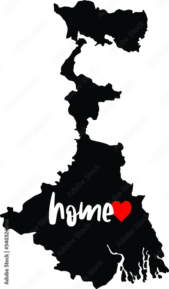West Bengal India home state - black state outline map with heart ...
