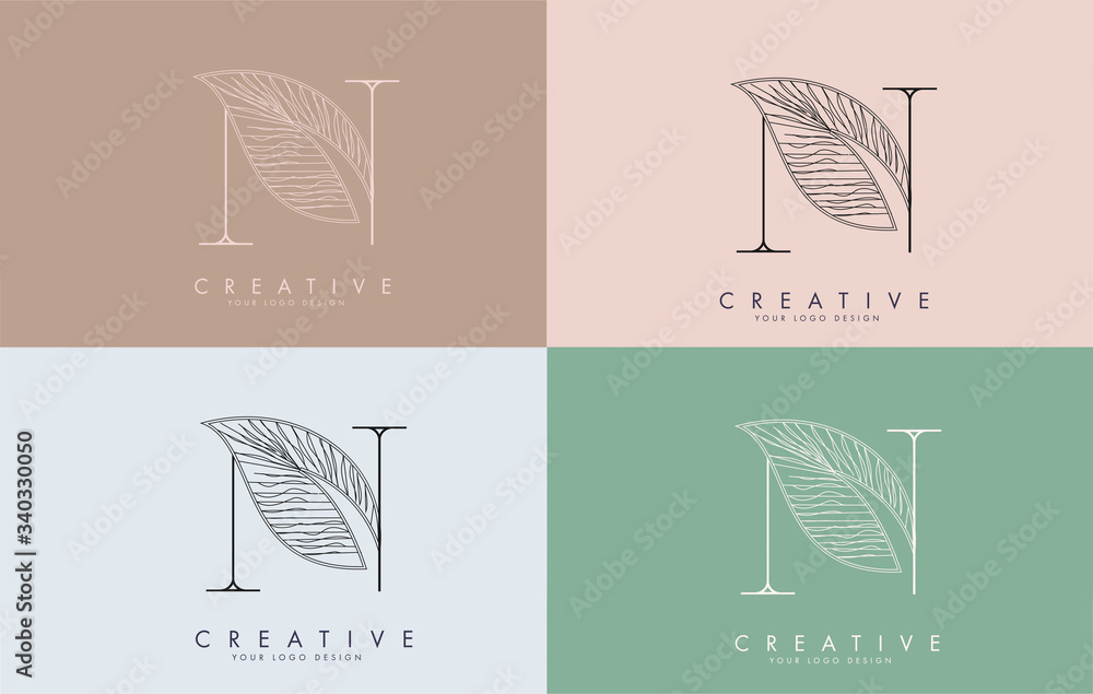 Outline Letter N Logo icon with Wired Leaf Concept Design on colorful ...