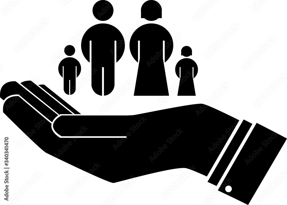 family in hand icon. Hand palm protection symbol. Family care sign ...