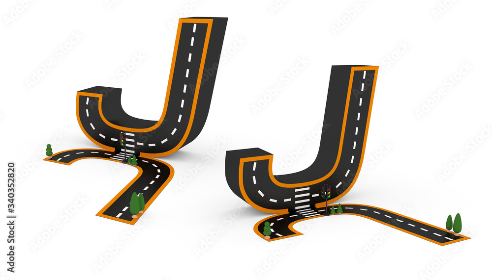 Alphabet symbols of the Figures in the form of a road, white and yellow ...