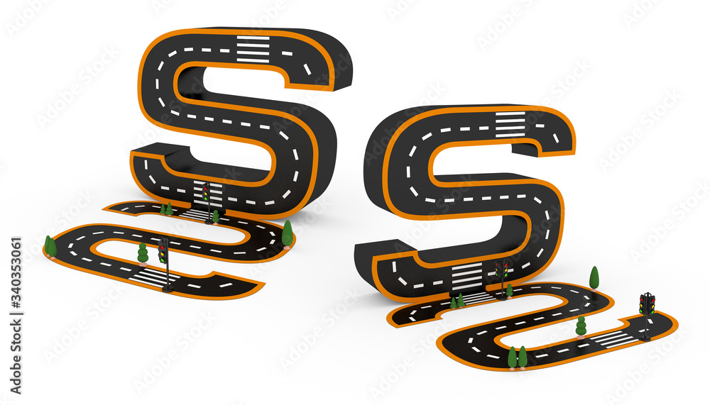 Alphabet symbols of the Figures in the form of a road, white and yellow ...