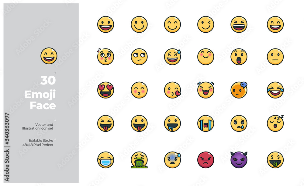 Vector Color Line Icons Set of Emoji and Emotion Icon. Editable Stroke ...