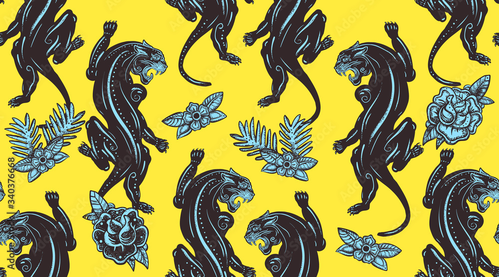 Black panthers and flowers seamless pattern. Old school tattoo style ...