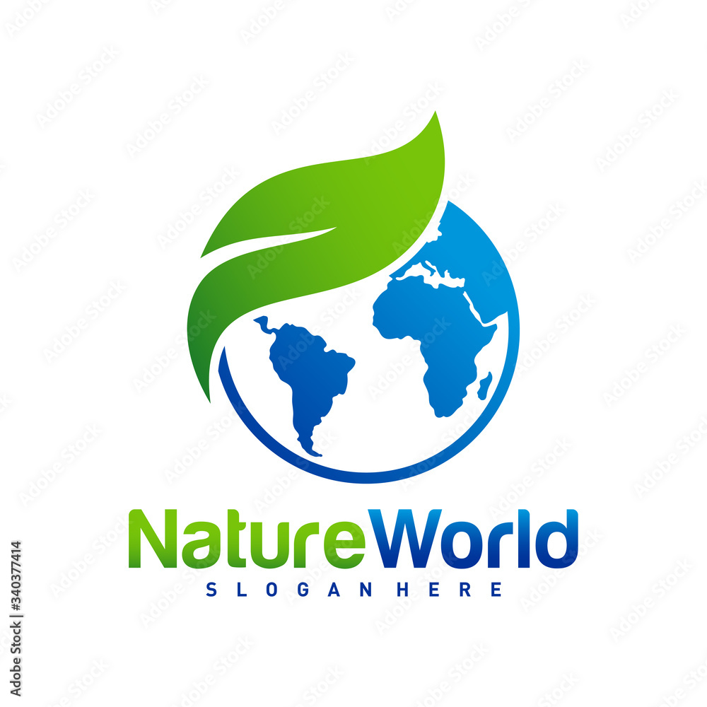 Nature World logo design template vector. Earth with Leaf logo concept ...
