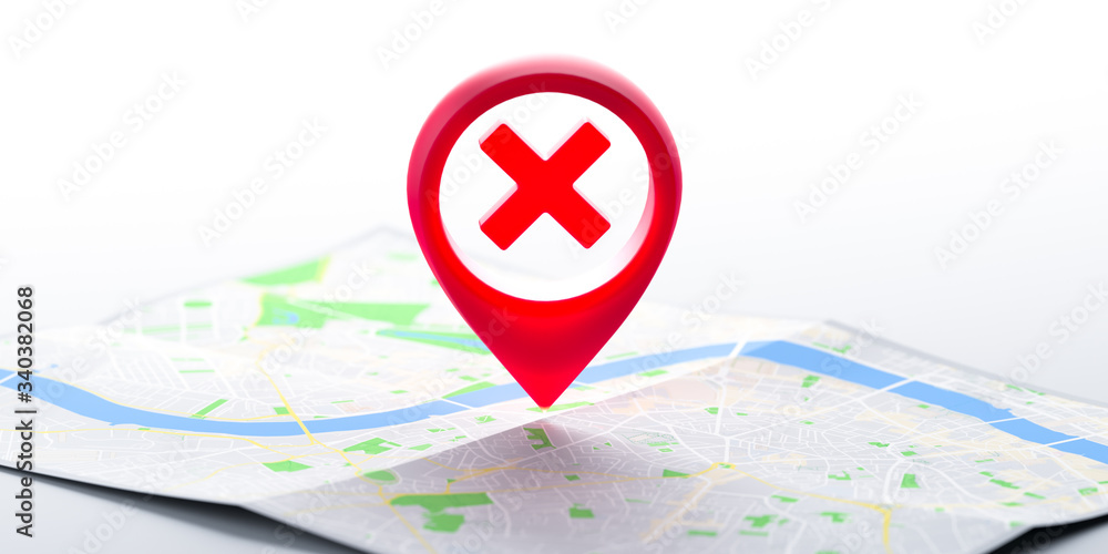 Red Map Geo Tag Pin With Prohibition Sign on Map. Stay Home Warning ...