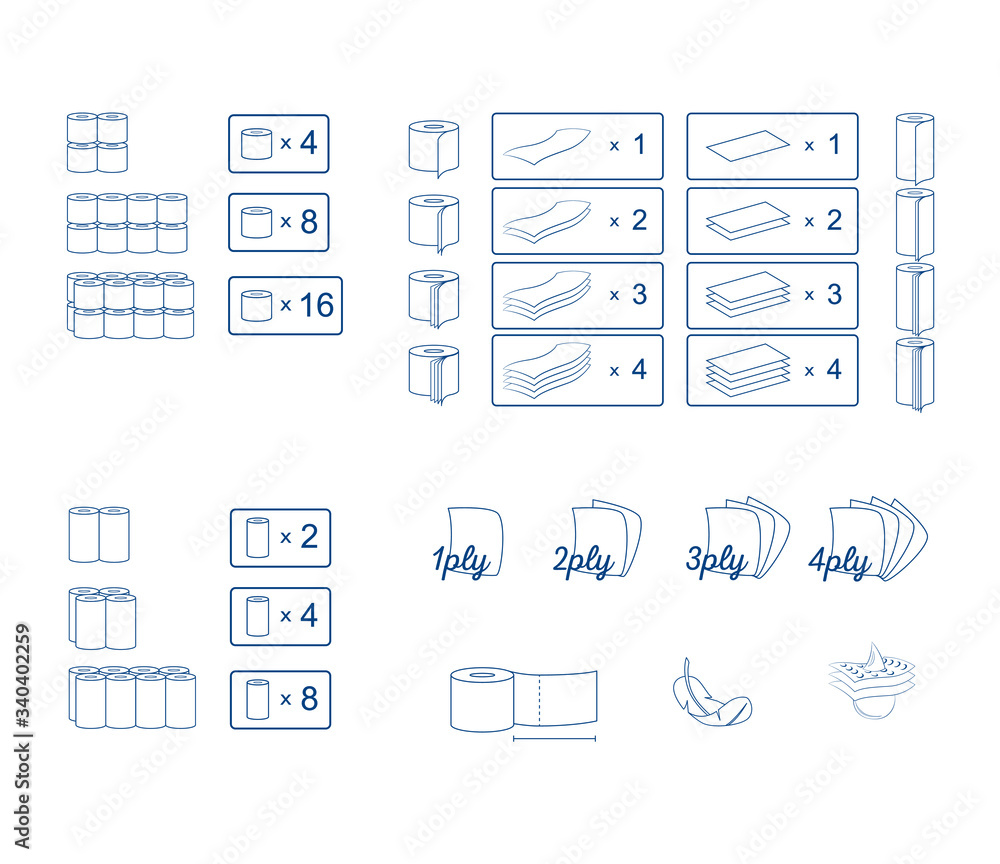Toilet paper icon and symbol set. Paper towel package information signs ...