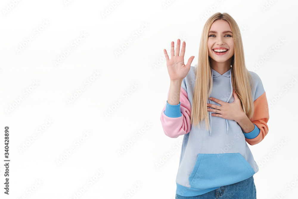 Happy friendly, attractive blonde girl swear she tells truth, promise ...