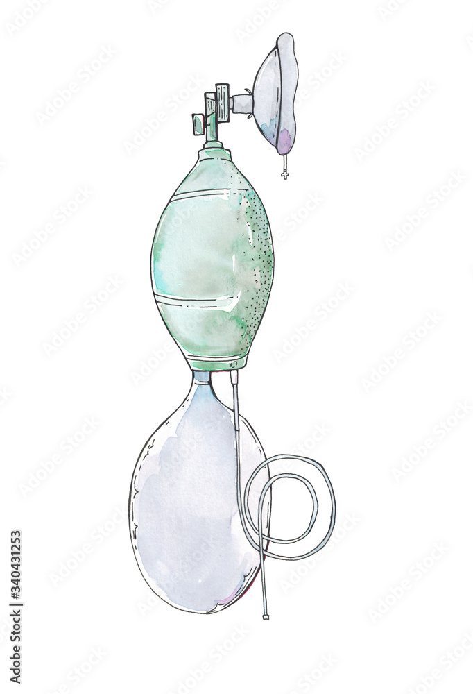 Watercolor hand drawn sketch illustration of Manual ventilator for ...