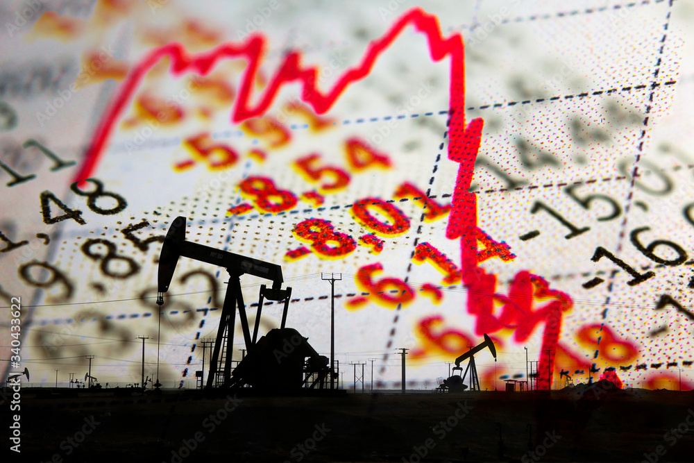 Stock market declining chart and oil pump jack - abstract background ...