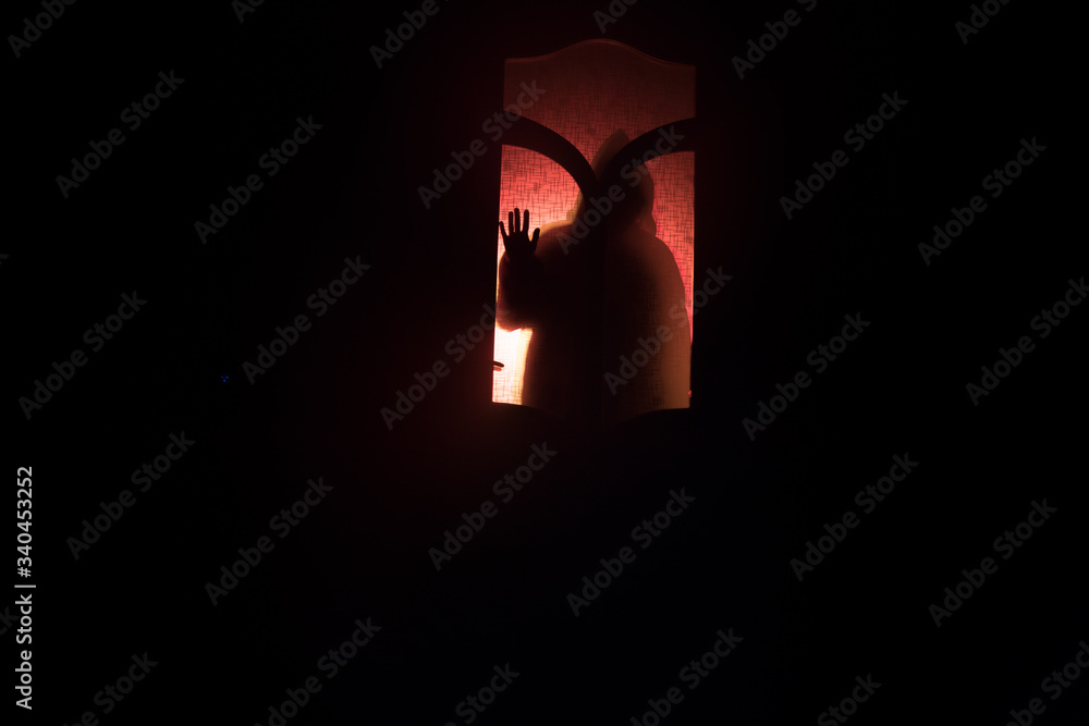 Silhouette of an unknown shadow figure on a door through a closed glass ...