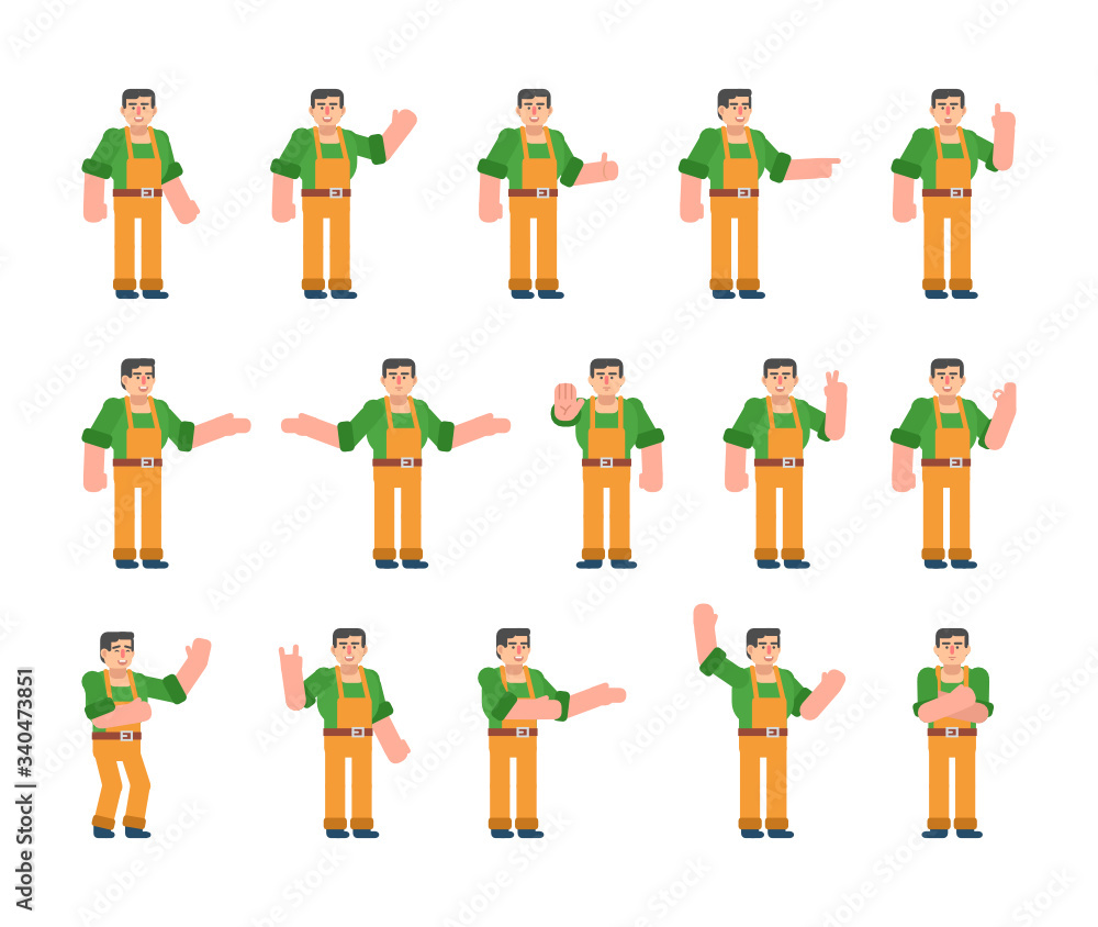 Set of worker characters showing various hand gestures. Mechanic or ...