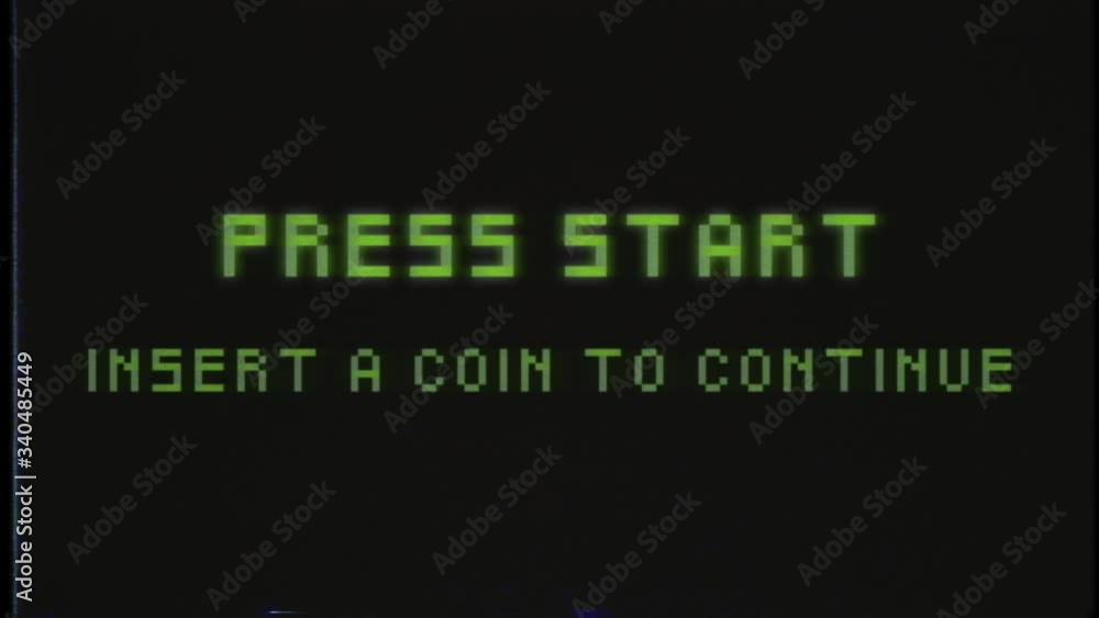 Vintage VHS glitch PRESS START insert a coin to continue title from 80s ...