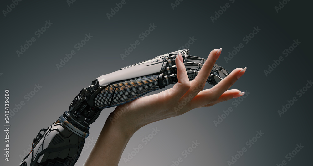 Woman arm gently touching robot hand, artificial intelligence augmented ...