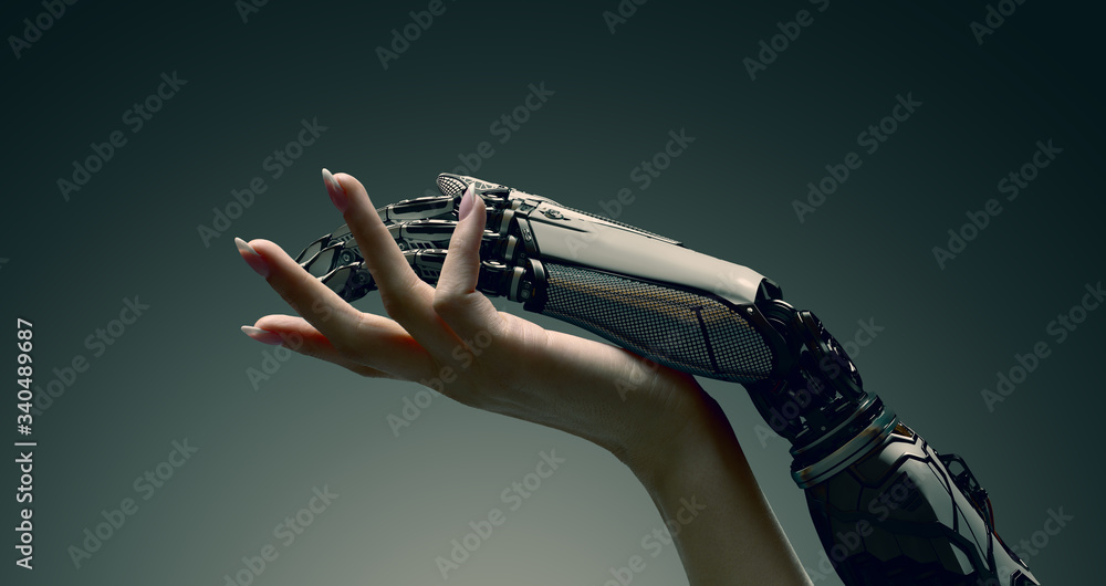 Woman arm gently touching robot hand, artificial intelligence augmented ...
