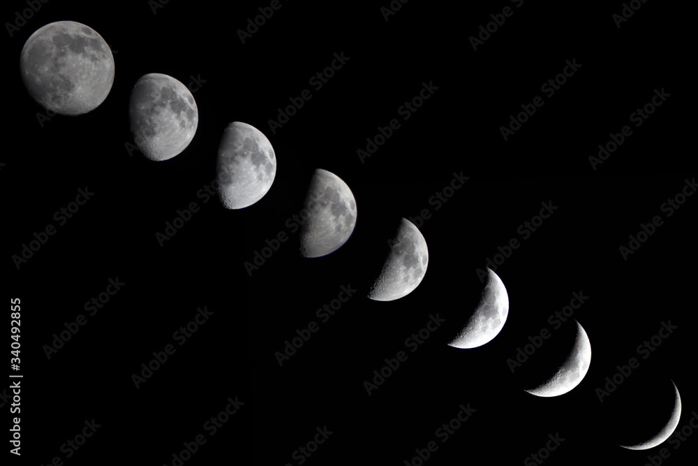 Moon time lapse of all stages of the moon cycle on black background ...