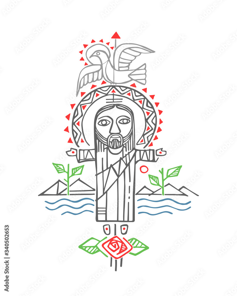 Jesus Christ with open arms and symbols illustration Stock Vector ...