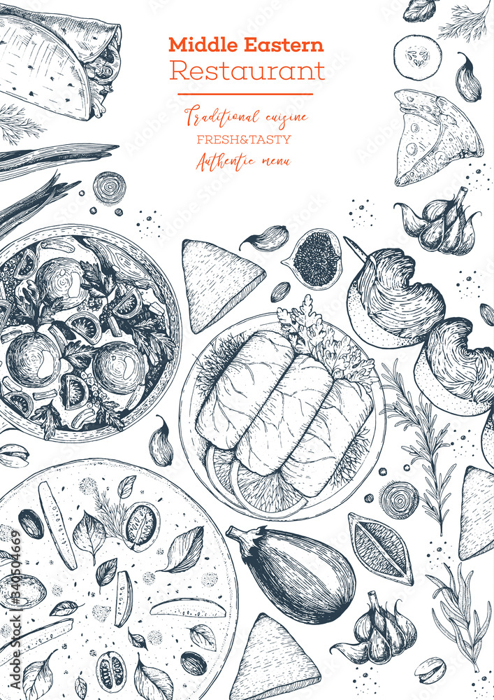 Middle eastern cuisine top view frame. Food menu design with manakeesh ...