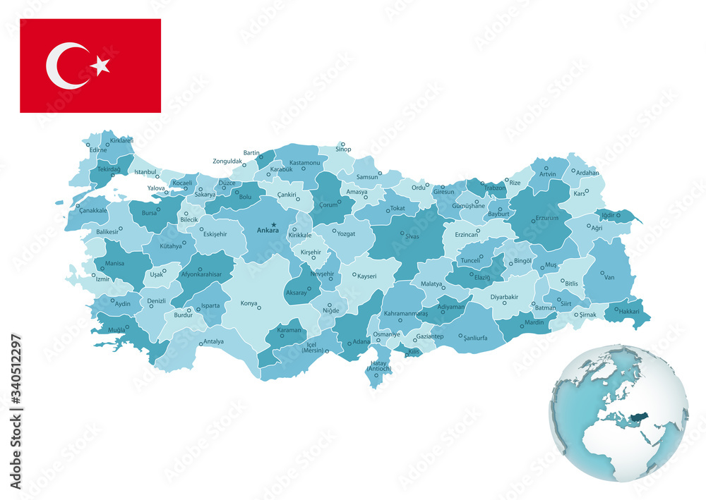 Turkey administrative blue-green map with country flag and location on ...