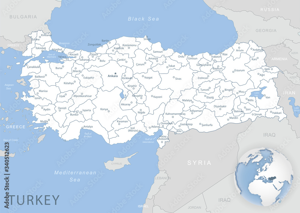 Blue-gray detailed map of Turkey and administrative divisions and ...