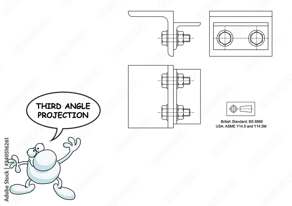 Monochrome example of engineering third angle orthographic projection ...