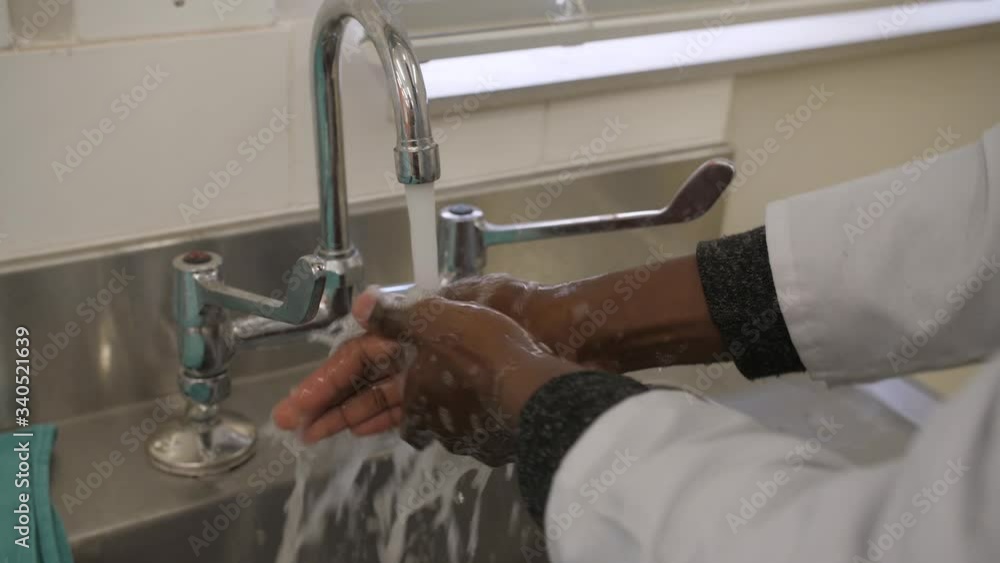 Proper hand washing technique, step 8: Rinse hands under running water ...