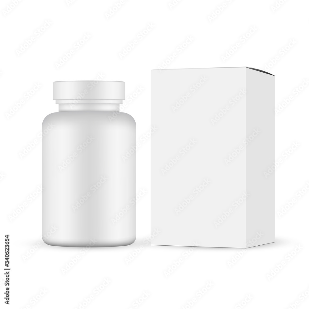 Plastic pills jar with cardboard box mockup isolated on white ...