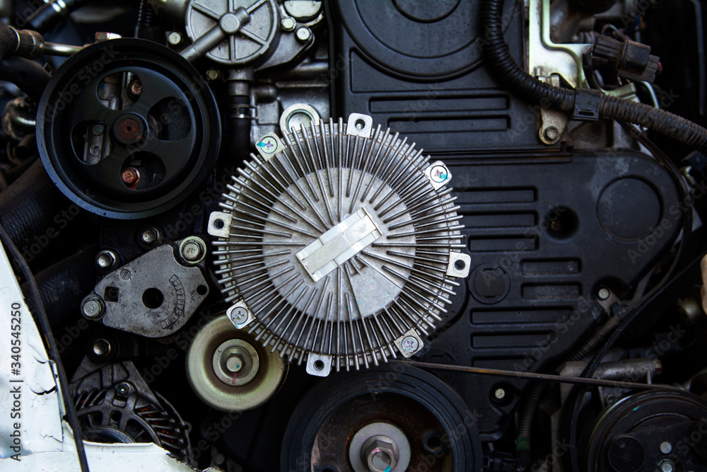 Automotive parts background, Engine Cooling Fan Clutch and bracket fan ...