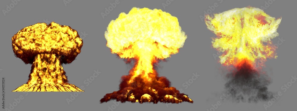 3D illustration of explosion - 3 huge high detailed different phases ...