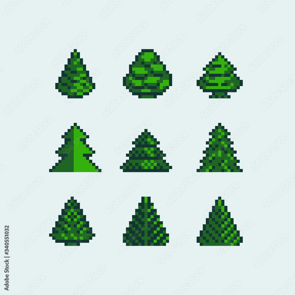 8bit fir-tree set, game assets. 1-bit sprite. Isolated abstract vector ...