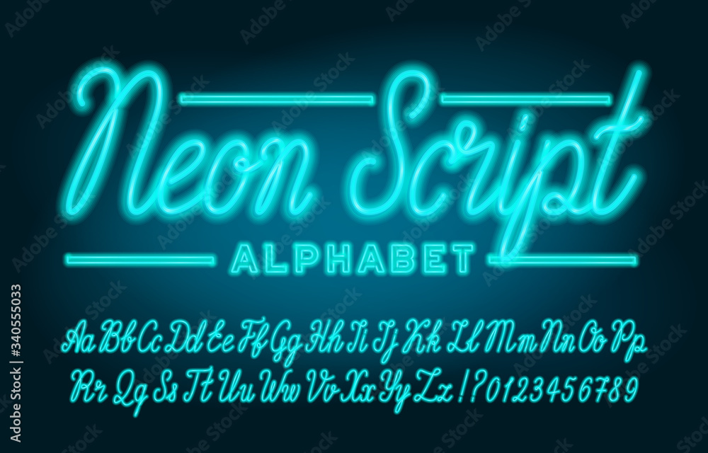Vetor de Neon Script alphabet font. Hand drawn neon light letters and ...